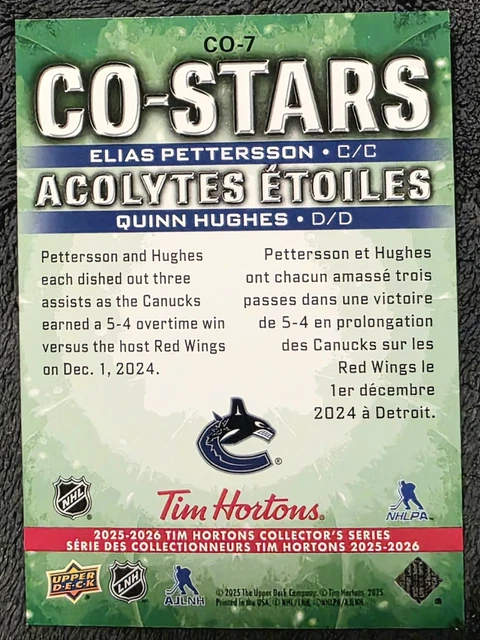💥 2025-26💥TIM HORTON'S Hockey Cards💥 Co-Stars Quinn Hughes/Elias ...