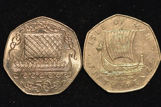ISLE OF MAN Fifty Pence 50p 1979 and 1983 Viking Ship (T57) £0.99 ...