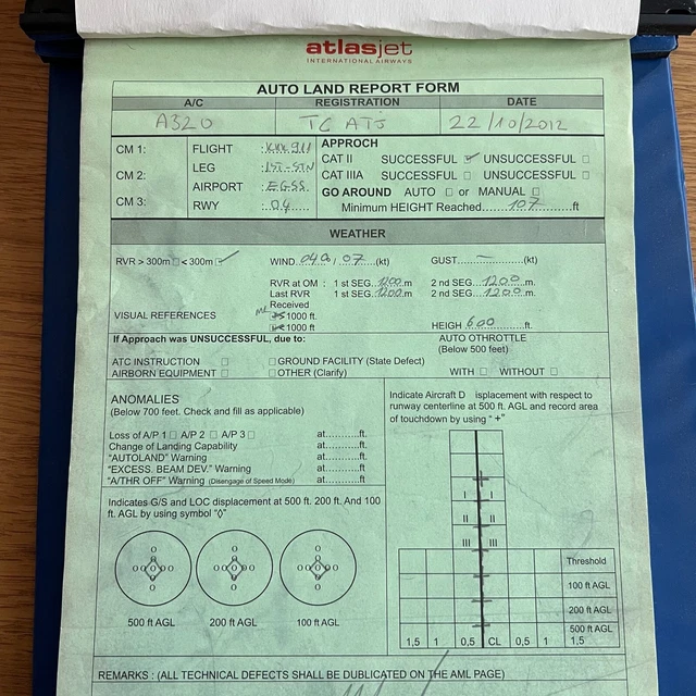 ATLASJET AIRBUS A320 TC-ATJ Cockpit Autoland Report Form Book EUR 55,12 ...
