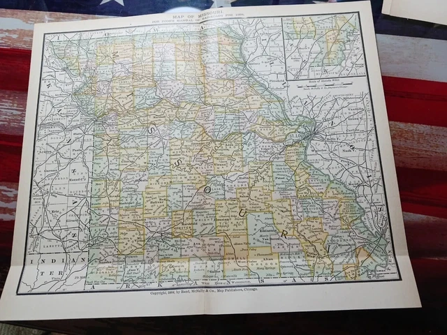 ☆1884 DATED MISSOURI railroad MAP train routes staions 11"x9" color by ...