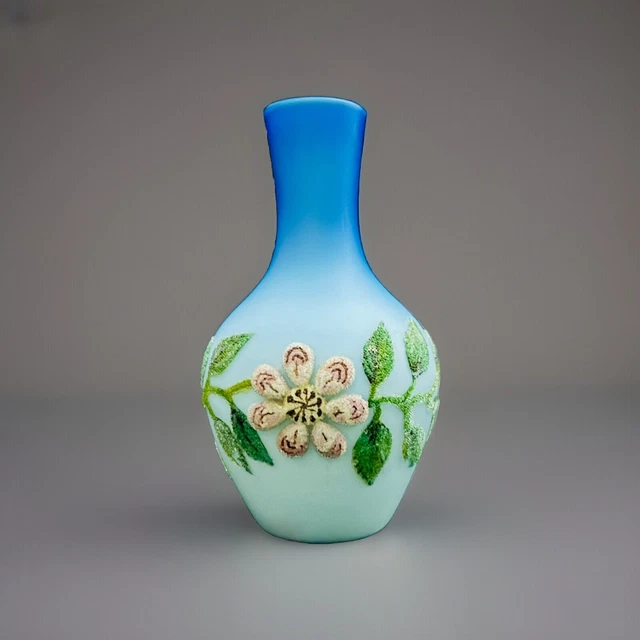 ANTIQUE THOMAS WEBB Uranium Cased Glass Vase Coralene Flowers Leaves ...