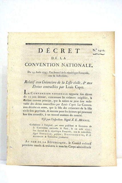 DÉCRET CRÉANCIERS DE la liste civile et aux dettes Louis Capet Paris ...