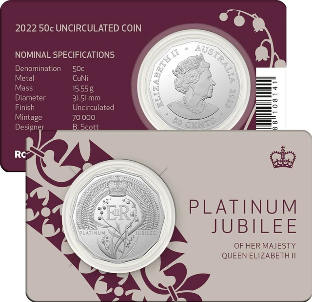 QUEEN ELIZABETH II PLATINUM JUBILEE UNC 2022 COIN ON CARD 50c CENT ...