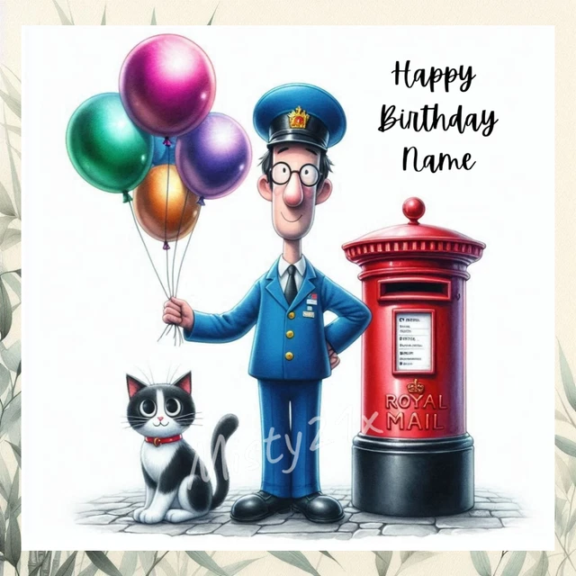 PERSONALISED POSTMAN PAT Birthday Greeting Card Black White Cat Balloon ...