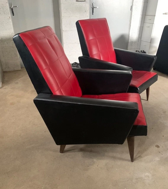 VENDS DEUX FAUTEUILS vintage Rockabilly skaï rouge et noir TBE/ deco ...