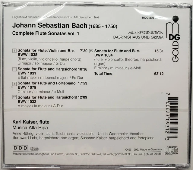 JOHANN SEBASTIAN BACH Complete Flute Sonatas #1 (CD, 1999) $24.63 ...