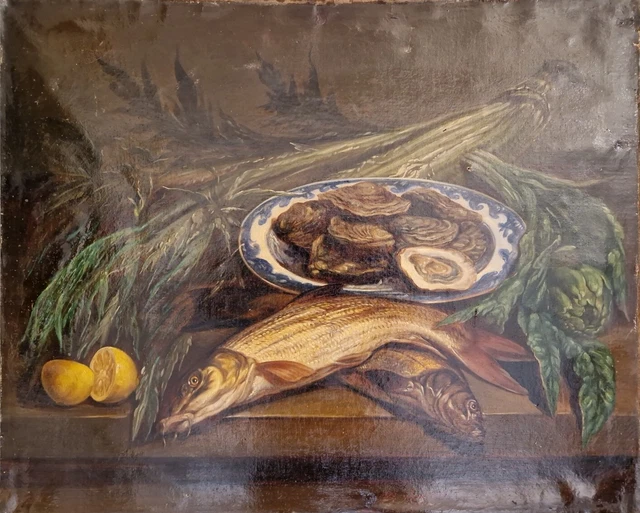 SUPERBE TABLEAU PEINTURE HST Nature Morte Aux Poissons Et Huitre XIXÈME EUR 395,00 - PicClick FR