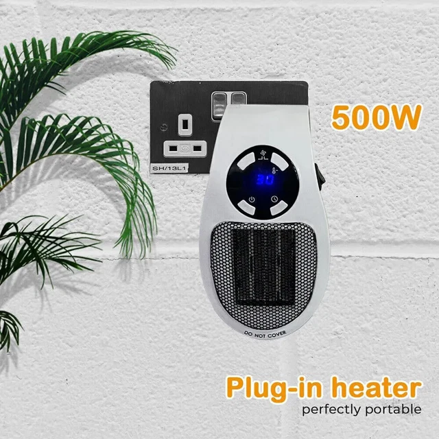 500W MINI ELECTRIC Heater Wall Plug Portable Ceramic Fan Timer Remote ...