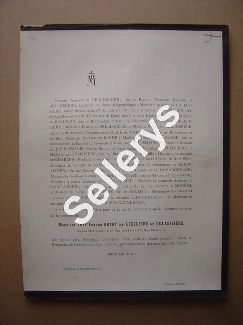 FAIRE PART DE décès Jean Armand GRANT de Luxolière de Bellussière Périgueux 1872 EUR 24,90 ...
