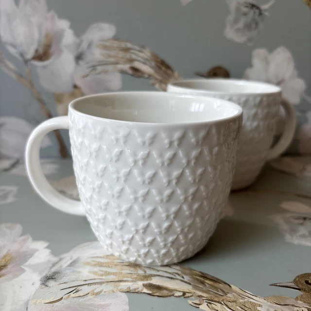 2 X THE Old Pottery Company white embossed butterfly Ceramic Mug £14.99 ...