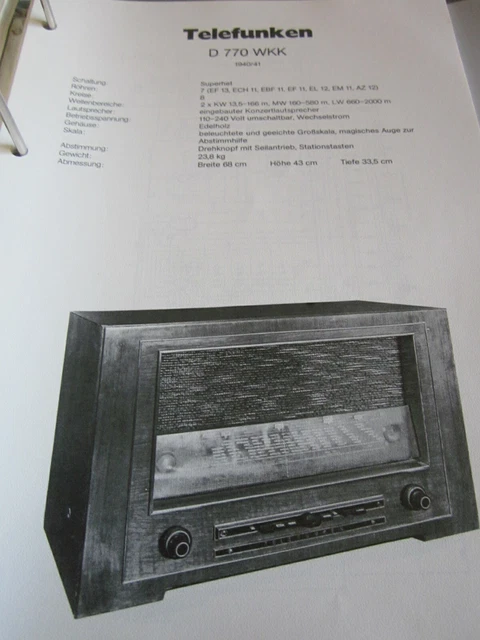 SCHALTPLAN N RADIO Telefunken D 770 WKK. 1940 EUR 5,25 - PicClick DE