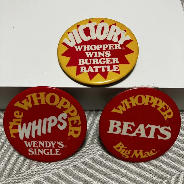 WHOPPER BUTTON PIN Trio Burger King Wins Burger Battle Vintage £15.85 ...