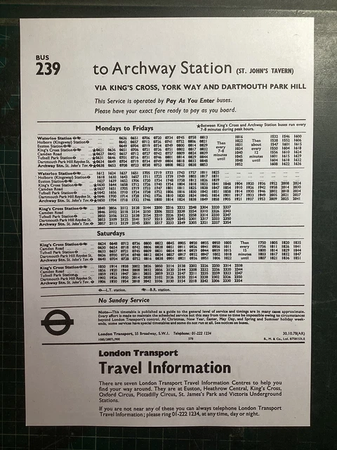 LONDON TRANSPORT BUS Stop Panel Timetable-Route 239 £0.99 - PicClick UK