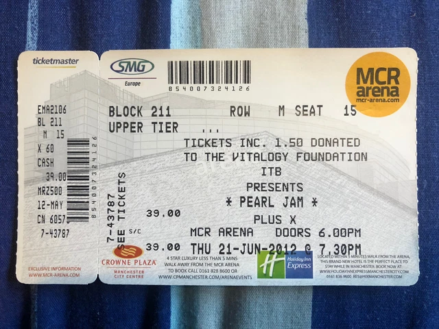 PEARL JAM USED Concert Ticket Stub Manchester Arena 21st June 2012 £4. ...