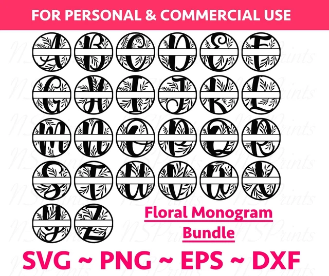 FLORAL MONOGRAM ALPHABET SVG, DXF, PNG Split Monogram Frame Alphabet ...