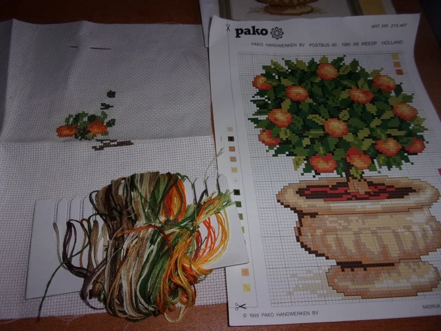 KIT POINT DE CROIX pako dmc- oranger en pot commencé - fils, toile ...