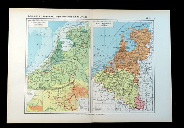 BELGIUM MAP NETHERLANDS Holland Hypsometric Physical Chart FRENCH ...
