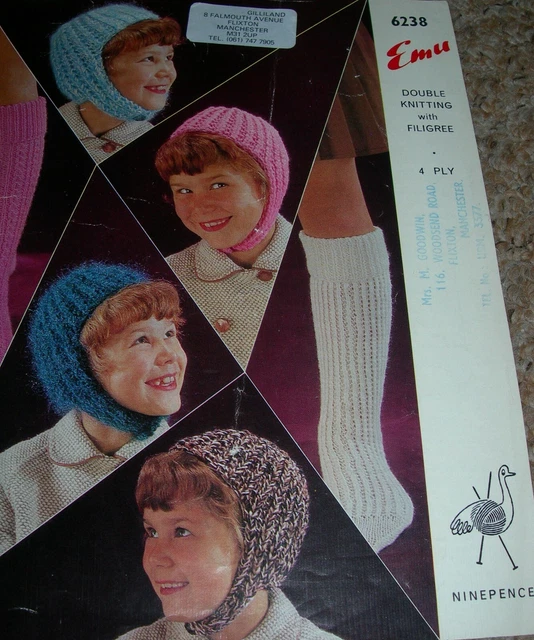 ORIGINAL VINTAGE EMU Knitting Pattern Childrens Hats & Socks No 6238 ...