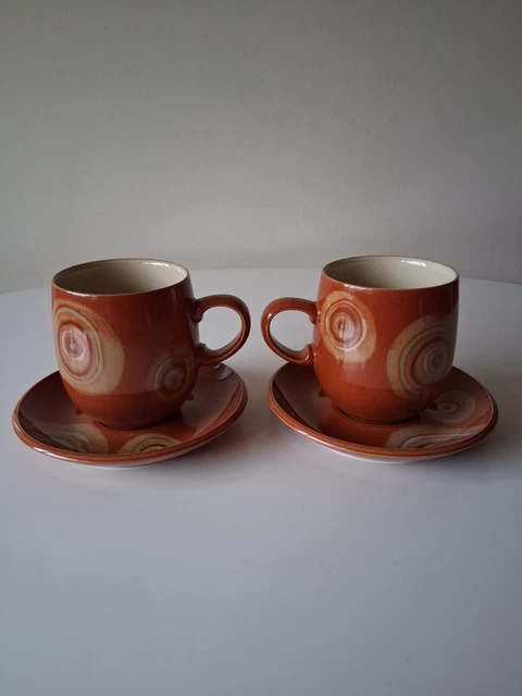 DENBY ENGLAND UNUSED Fire Chilli Swirl Large Mugs And Deep Saucers x 2 ...