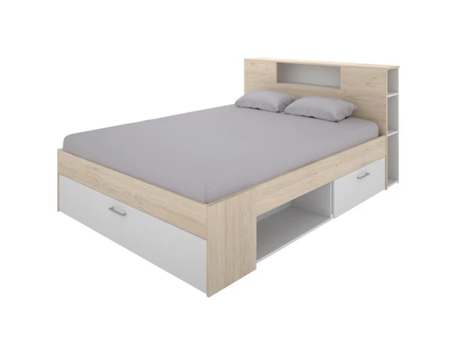 LIT AVEC TÊTE de lit rangements et tiroirs - 160 x 200 cm - Coloris : Naturel et EUR 360,99 ...