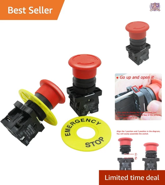 2-PACK 22MM RED Emergency Stop Push Button Switch - NC Circuit Type ...