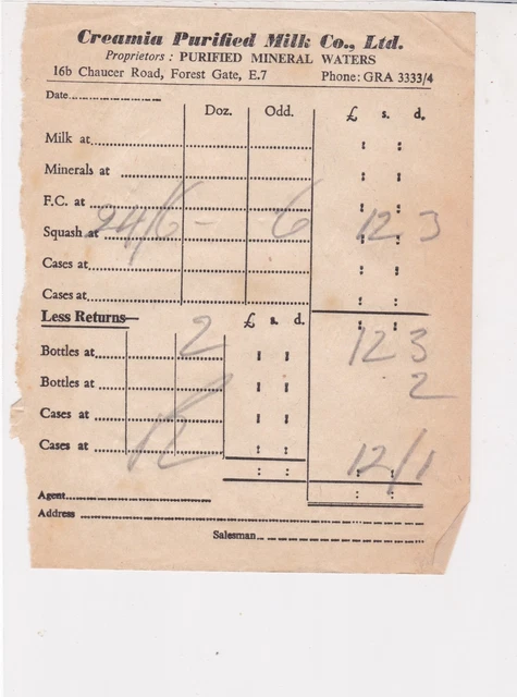 CREAMIA PURIFIED MILK Co.Ltd Chaucer Rd E.7 Receipt For Returns+Squash ...