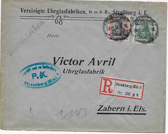 STRASSBURG EINSCHREIBEN UHRGLASFABRIK nach Zabern, 1916, Zensur EUR 10 ...