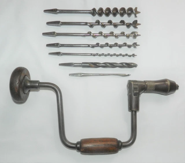 VINTAGE U.S. MADE 10-inch Ratcheting Bit Brace Hand Drill and 7 Wood ...