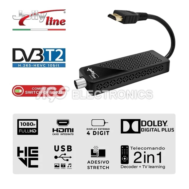 DECODER DIGITALE TERRESTRE Stick Dvb-T2 Hevc Full Hd 1080P H.265 Cavo ...