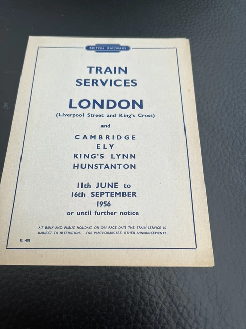 BRITISH RAILWAYS TIMETABLE Leaflet - London Cambridge Ely Hunstanton ...