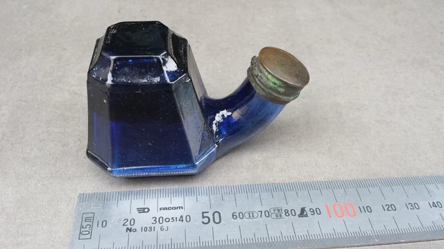 ANCIEN RARE ENCRIER siphoïde en verre de couleur bleu XIX ème avec ...