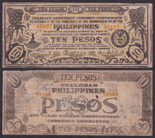 1942 US PHILIPPINES 10 Pesos Leyte Tacloban WW2 Emergency Note S395a ...