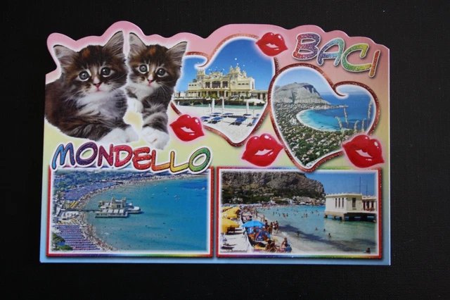 CARTOLINA SICILIA GLITTERATA Mondello Baci Mare Spiaggia Mici Cuore EUR ...