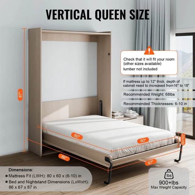 QUEEN SIZE VERTICAL Murphy Bed Hardware Kit Folding Wall Bed System DIY ...