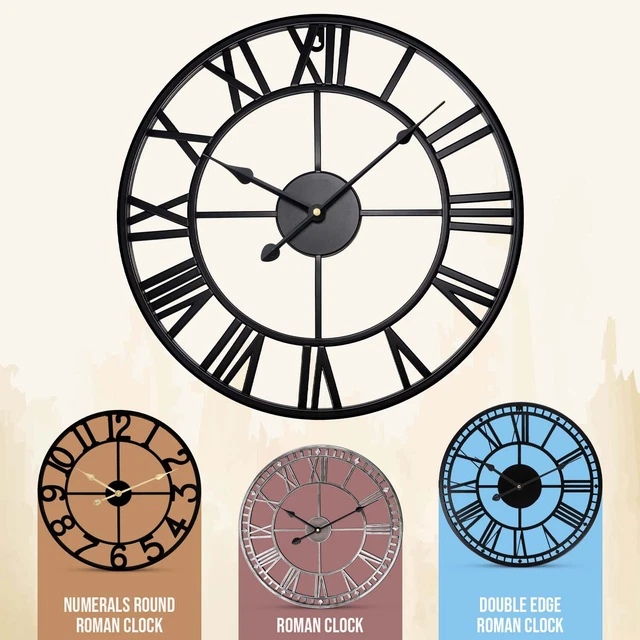 WALL CLOCK ROMAN Large Indoor Numerals Giant Open Face Metal Home ...