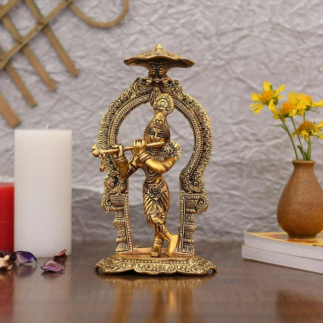 LORD KRISHNA PLAYING Flute Metal Statue Murti Idol Indian Showpiece ...