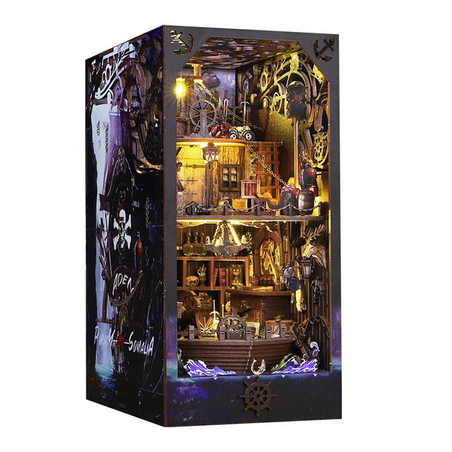 DIY BOOK NOOK Kit Wooden Miniature DollHouse Set LED Lighting Building ...