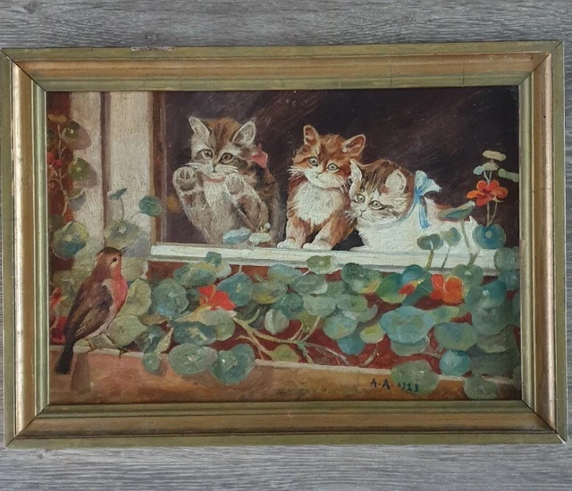 ANCIEN TABLEAU CHATS et Oiseau Signé et Daté 1923 EUR 49,00 - PicClick FR