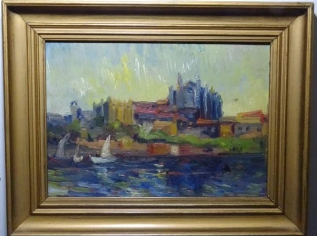 TABLEAU HUILE PAYSAGE Marine Bord de mer Ville Bateaux XXème EUR 250,00 - PicClick FR