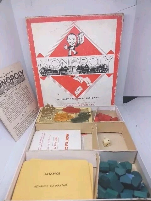 EARLY VINTAGE WARTIME Monopoly Board Game Set Metal Player Pieces Tank ...