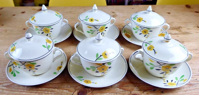 6 VINTAGE RIDGWAYS Bedford Ware Soup/Chocolate Bowls, Lids, Saucers ...