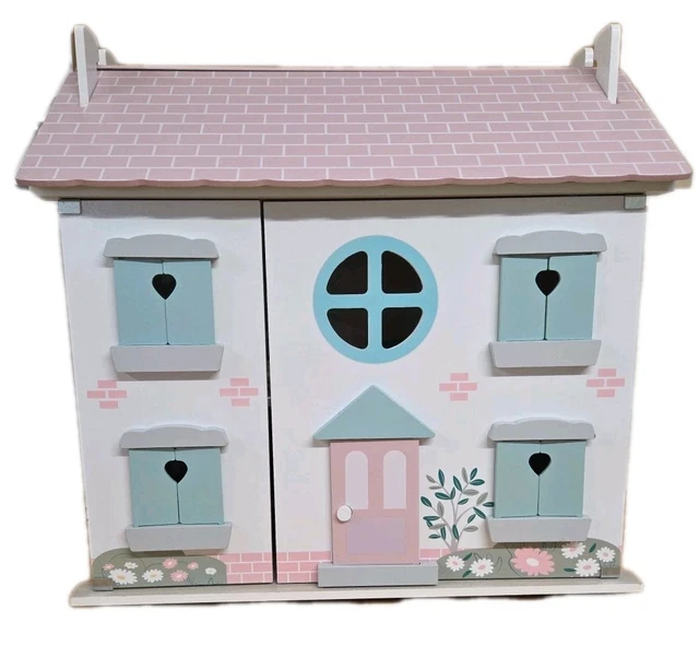 ACORN WOODEN DOLLS House with Furniture & People Green White & Pink £30 ...