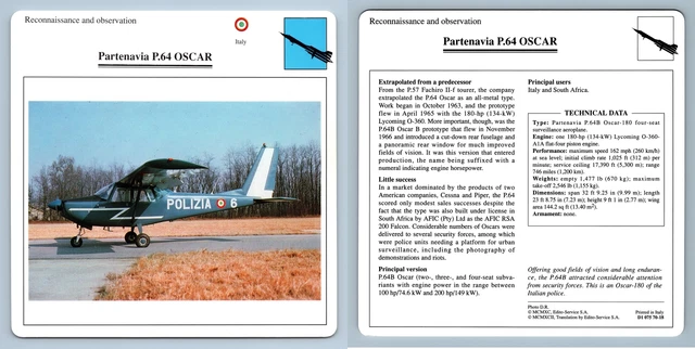PARTENAVIA P.64 OSCAR - Recon. & Obs - Warplanes Collectors Club Card £ ...