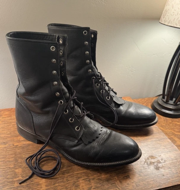 JUSTIN BOOTS BLACK Leather Men's Lace-Up Boots Roper removable Kiltie £ ...