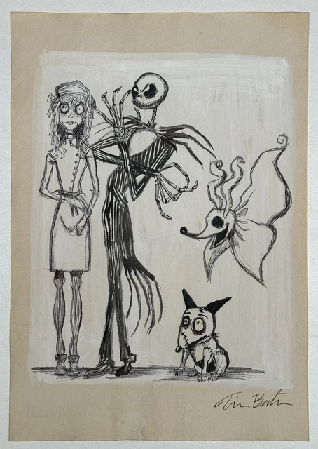 TIM BURTON DRAWING on old paper (Handmade) signed and stamped artwork ...