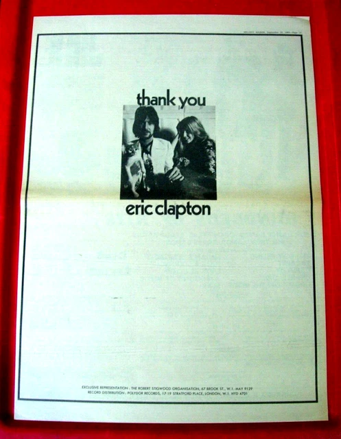 ERIC CLAPTON/RSO THANK You Vintage ORIG 1968 Press/Magazine ADVERT ...