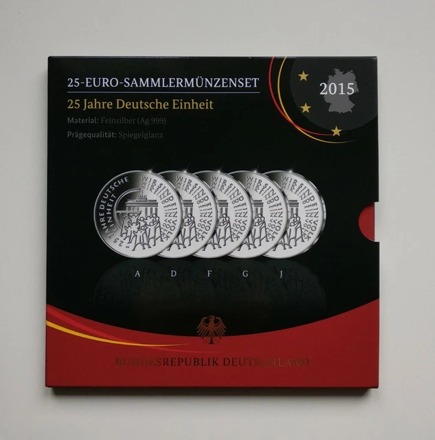 5X 25 EURO Silbermünzen - ADFGJ 2015 BRD Satz - 25 Jahre Deutsche ...