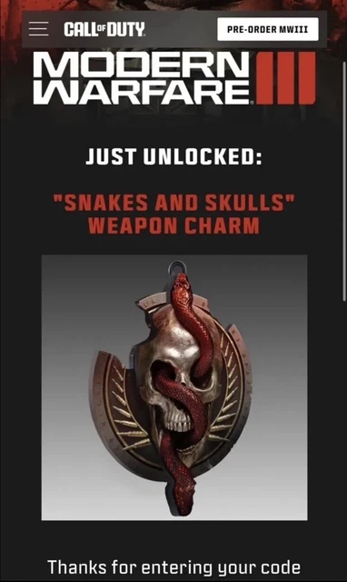 CALL OF DUTY Modern Warfare 3 SNAKES AND SKULLS Weapon Charm CoD MW3 ...