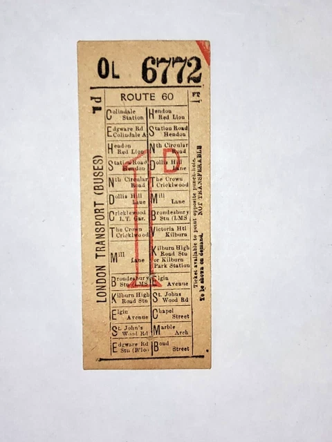 LONDON TRANSPORT BUSES. 1d Ticket. Route 60. Pre-decimal £2.99 ...
