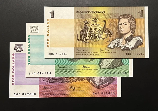 SET OF 3 x CRISP Australian Paper notes ** $1 + $2 + $5 ** aUNC ** Pre ...